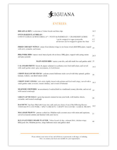 Dinner Menu | Iguana Street Bar & Restaurant