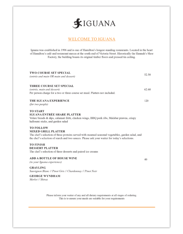 Dinner Menu | Iguana Street Bar & Restaurant